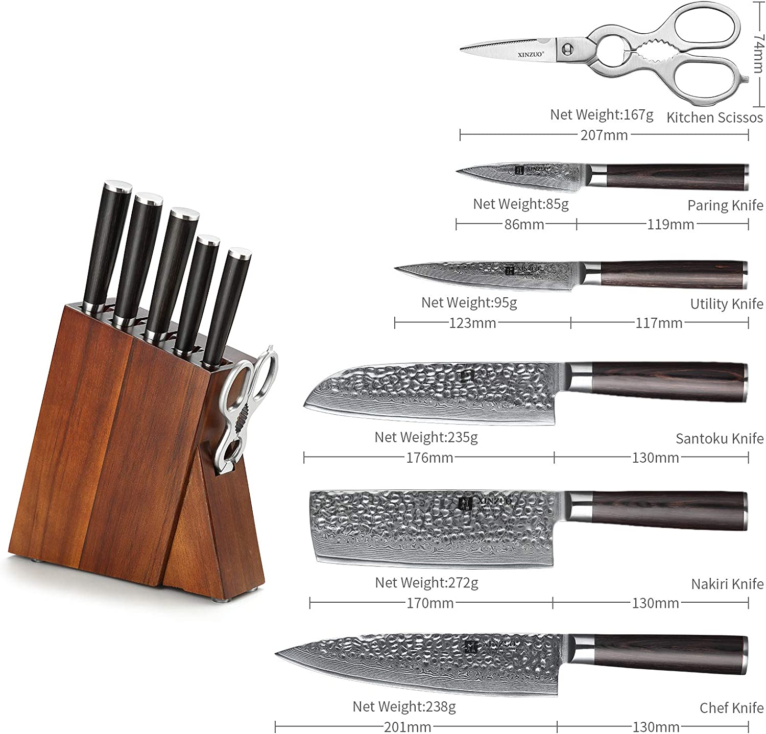 XINZUO | Kitchen Knife Block Set | Damascus Steel Chef Knife Set