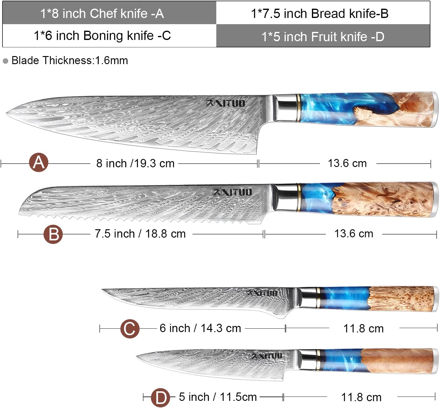 XITUO | Damascus Steel Knife Set | Tsunami Collection | Unique Blue ...