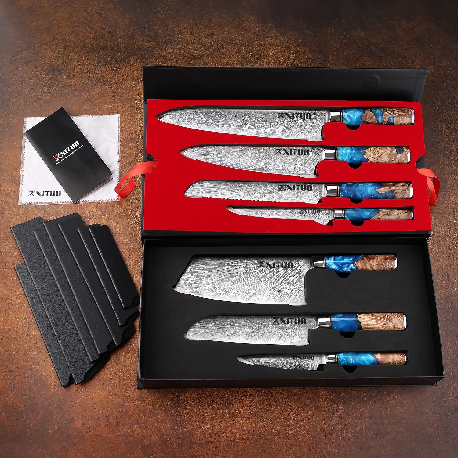 XITUO | Damascus Steel Knife Set | Tsunami Collection | Unique Blue ...